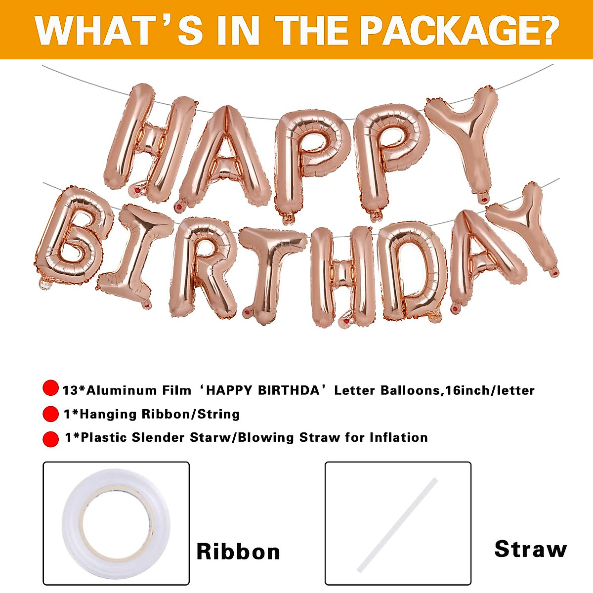 Accevo Rose Gold Happy Birthday Banner 16 Inch Foil Letters Balloons Happy Birthday Balloon for Kids, Child, Adults, Boys & Girls Birthday Decorations 3D Happy Birthday Balloons Sign Banner