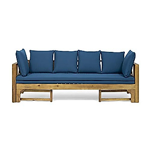 Great Deal Furniture Camille Beach Outdoor Extendable Acacia Wood Daybed Sofa, Teak and Dark Teal