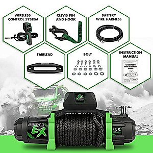 STEGODON Winch 13500 lb. Electric Winch Synthetic Rope Winch，12V Power Waterproof Winch with 2 in 1 Wireless Remote for Towing Jeep Truck Off Road (Jungle EX)