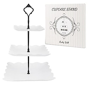 Lucky Will 3 Tier Cupcake Stand Plastic Tiered Tray Dessert Cakes Snacks Display Tower Tray for Halloween Wedding Birthday Party Tea Party (Black New Crown,Square)