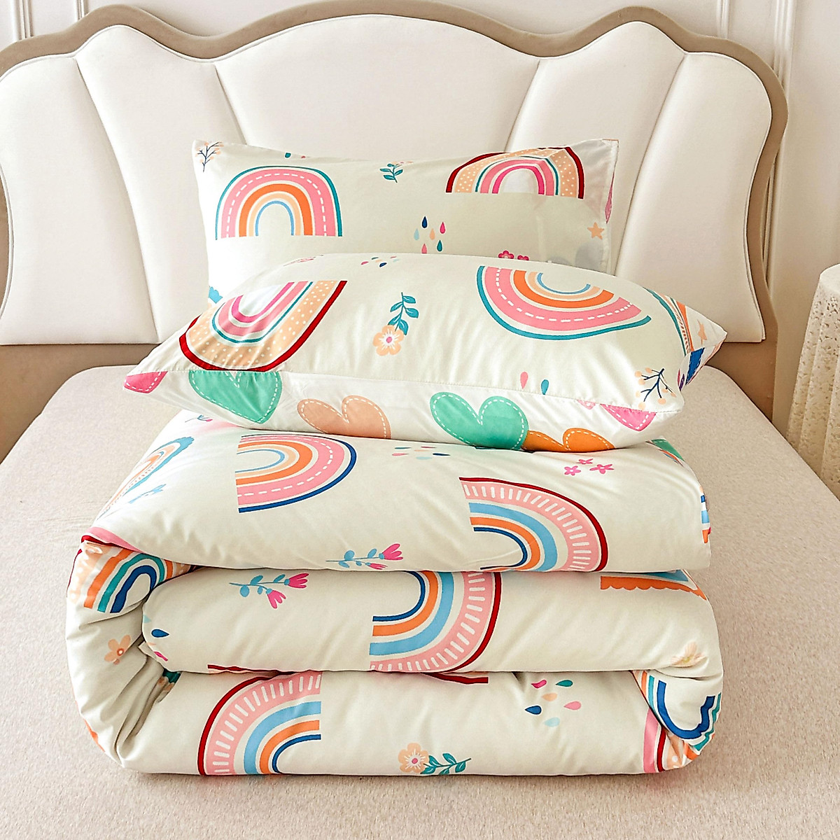 Btargot Lightweight Soft 3 Piece Rainbow Comforter Set with 2 Pillow Covers, Cartoon Love Hearts Flowers and Grass Bedding Set for Girls Boys Kids, Full Multi-Color