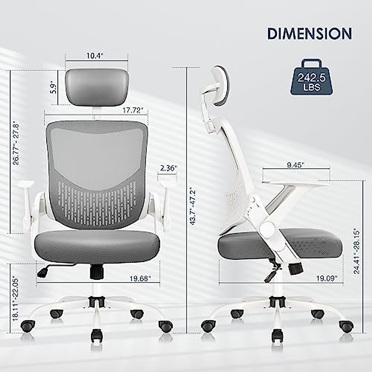 Furmax Office Chair Mesh Desk Chair Ergonomic Chair with Adjustable Headrest and Flip-up Armrests, Swivel Computer Chair with Comfortable Back and Lumbar Suport (Grey)
