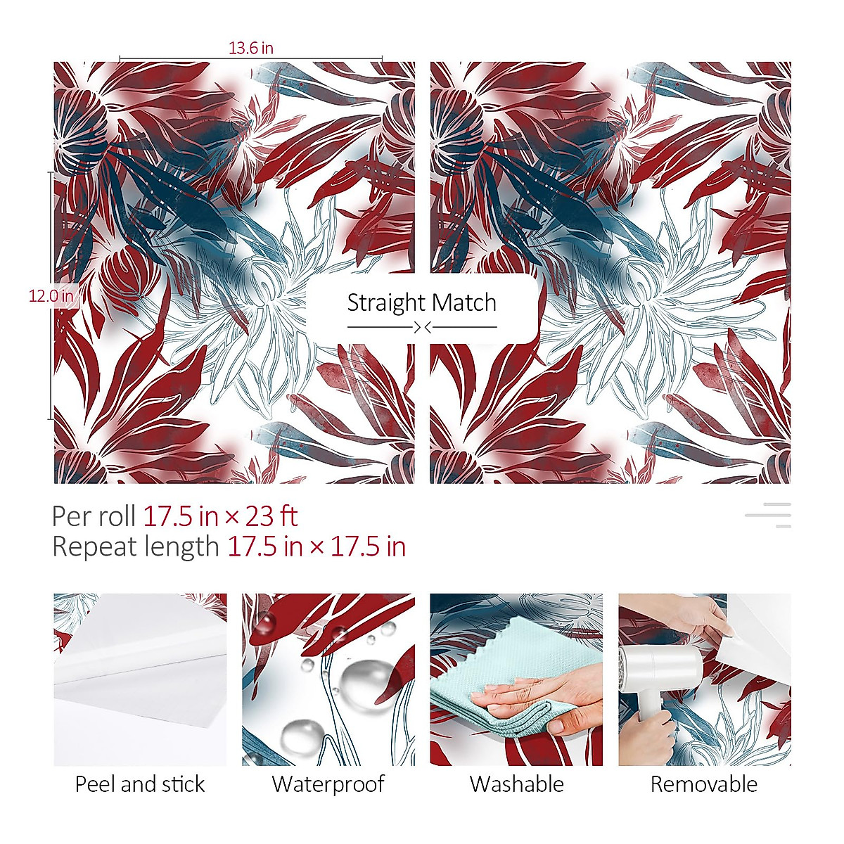 ReWallpaper 17.5in×23ft Floral Wallpaper Red and White Floral Peel and Stick Wallpaper Boho Blue Floral Petals Contact Paper for Cabinets Drawers Walls Blooming Flowers Wallpaper Waterproof Easy Apply