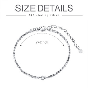 CTIEIP Sterling Silver 0.10 Cttw Real Diamond Bracelet,Rope Chain Station Bracelet for Women（I2-I3 Clarity）
