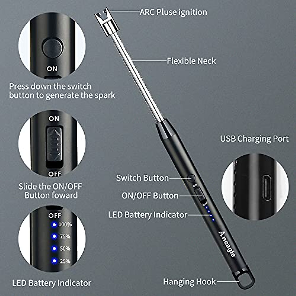 Aneagle Candle Lighter Rechargeable 2 Packs Electric Arc Lighter for Candles with Led Battery Display Screen and Long Flexible Neck USB are Applied to Light Candle Cooking Fireworks Flame