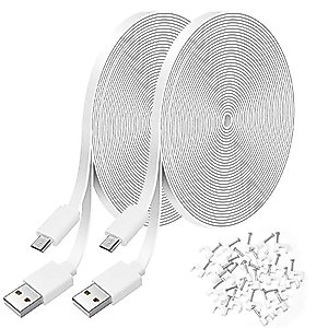 FASTSNAIL 2 Pack 26FT Flat Power Extension Cable for WyzeCam, for WyzeCam V3, for WyzeCam Pan, for KasaCam NestCam Indoor, for Yi Cam, for USB to Micro USB Charging and Data Sync Cord with Wire Clips