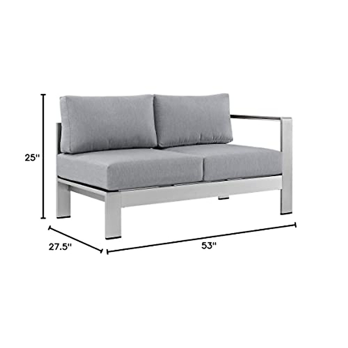 Modway Shore Aluminum Outdoor Patio Right Arm Loveseat in Silver Gray