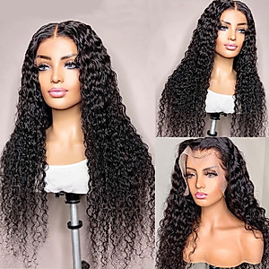 SNJON Water Wave 13x6 HD Transparent Lace Front Wigs Human Hair 180 Density Wet and Wavy Wigs for Women Curly Lace Front Wigs Pre Plucked with Baby Hair Natural Color (18 Inch)