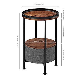 Industrial 2-Tier Round End Table,24" High Rustic Side Table with Full-arrest Tray and Storage Basket, Home Office Coffee Snack Nightstand Bedside Table Laptop Desk for Living Room Bedroom/Brown