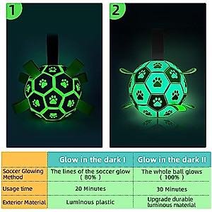 QDAN Glow in The Dark Dog Toys Soccer Ball with Straps, Interactive Dog Toys Puppy Birthday Gifts, Dog Tug Water Toy, Indoor/Outdoor Light Up Dog Balls for Small & Medium Dogs（8 Inch Size 3）