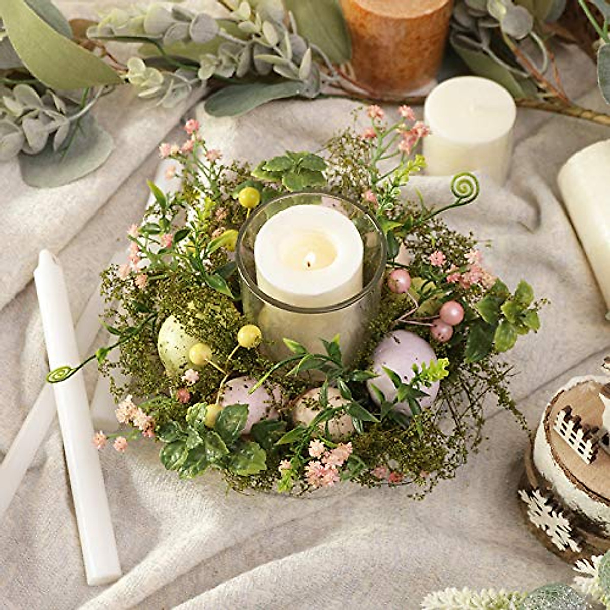Easter Candle Holder with Pastel Eggs and Mixed Flowers Hurricane Candlestick with Glass Screen Cover Spring Candleholder Small Wreath Candlestick Centrepiece Table Top Decoration Easter Ornaments
