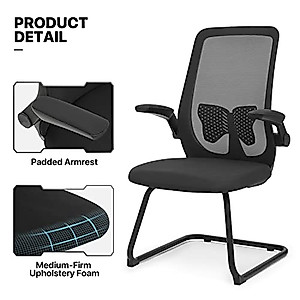MoNiBloom Office Guest Chair Without Wheels, Executive Reception Chair with Lumbar Support and Sled Base, Mid-Back Mesh Task Chair with Flip-Up Arms for Reception Conference Wait Room, 250 LBS, Black