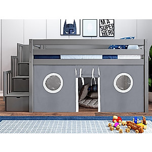 JACKPOT! Contemporary Low Loft Twin Bed with a 3 Drawer Stairway, Gray with Gray & White Tent
