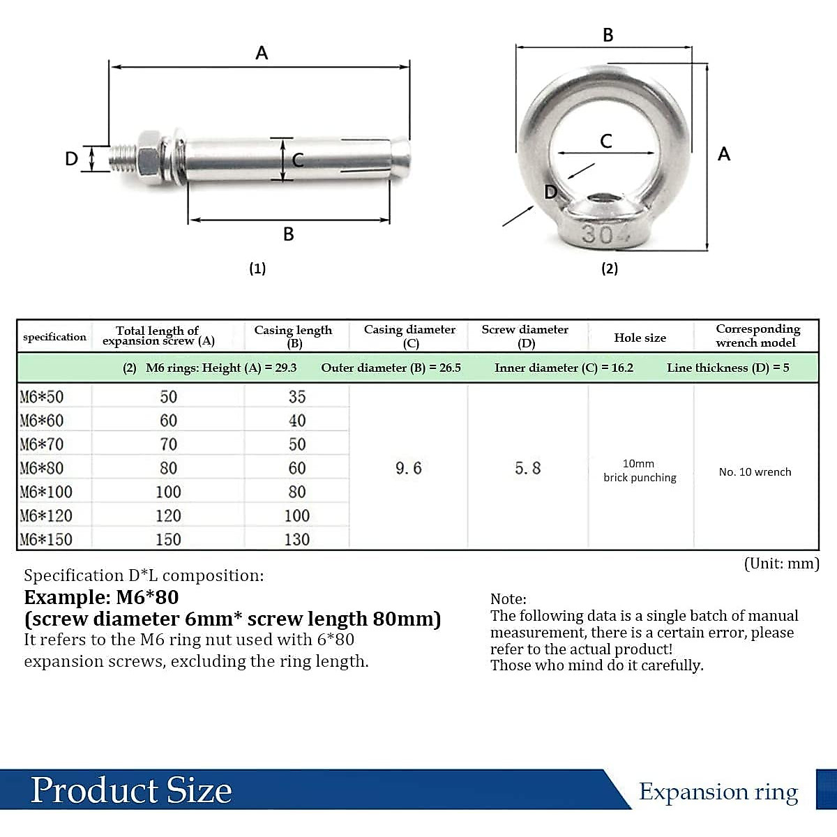 Expansion Screw, Stainless Steel Expansion Bolts, Screws, Screws, M6 Expansion Bolt - Expansion Screw Eye Bolt Anchor Bolts Concrete Screws Stainless Steel, Silver, M6x120-2pcs (Color : Silver)