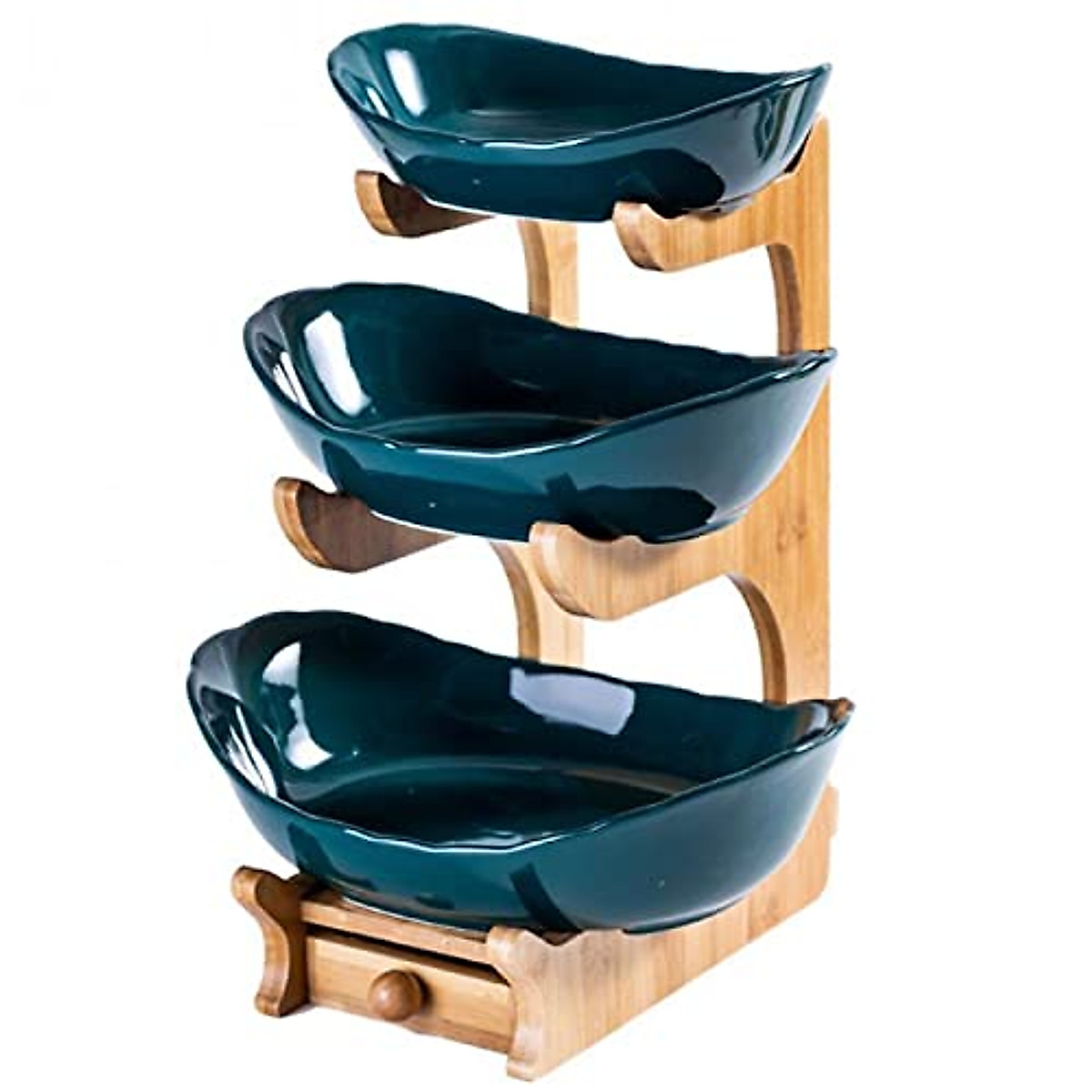 Tmore 3 Tier Fruit Bowl for Kitchen Counter, Ceramic Fruit Basket Set with Drawer for Vegetable Storage, Porcelain Snack Bread Cake Tray Plate Rack for Party Wedding (3 Tier Dark Green)