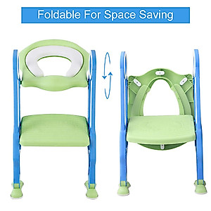 Potty Training Seat with Step Stool Ladder, Toddler Toilet Training Seat Chair Foldable Toilet Potty Trainer with Soft Cushion and Anti-slip Pad for Kids Child Baby Boys Girls (Blue Green)