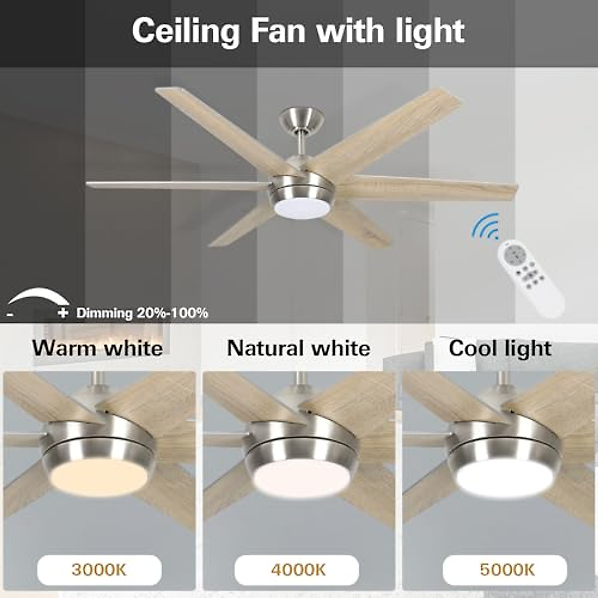 hykolity 54 inch Indoor Modern Ceiling Fan with Integrated LED Lights and Remote Control, 6 Blades, 6 Speed, Dimmable, 3CCT, Quiet Reversible Motor Ceiling Fan, Brushed Nickel