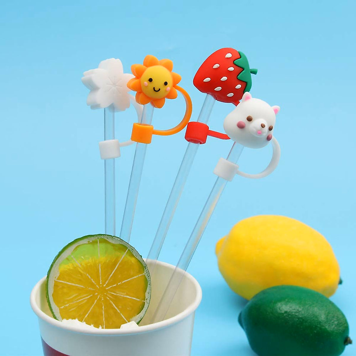 Beyonday 9pcs Silicone Flower Shape Straw Cover Cap Kit, Reusable Drinking Dust Plugs Set Cartoon Cherry Blossom Daisy Sunflowers Shape Spill Proof Straw Tips Cover Cup Stopper Cup Accessories