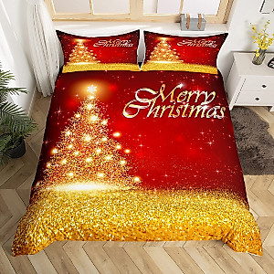 Manfei Christmas Tree Duvet Cover Set Queen Size Gold Sparkle Comforter Cover Merry Christmas Bedding Set 3pcs for Kids Boys Girls Room Decor Western New Year Theme Bedspread Cover with 2 Pillowcases