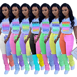 Remelon Casual 2 Piece Outfit Sets for Women Color Block Short Sleeve T-Shirts + Stacked Flare Pants Tracksuit Sweatsuit