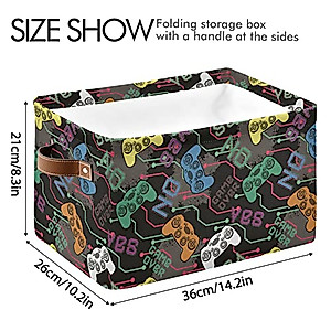 Joysticks Gamepad Grunge Fabric Storage Bin for Organizing Basket for Shelves Closet Nursery Toy Collapsible Storage Cubes Box with Leather Handle