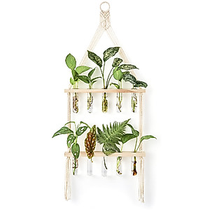 Mkono Wall Hanging Glass Planter with Macrame Hanger, Boho 2 Tier Propagation Tube Vase Plant Terrarium with Wooden Stand for Propagating Hydroponic Plants, Home Office Room Decor Women Gift Idea