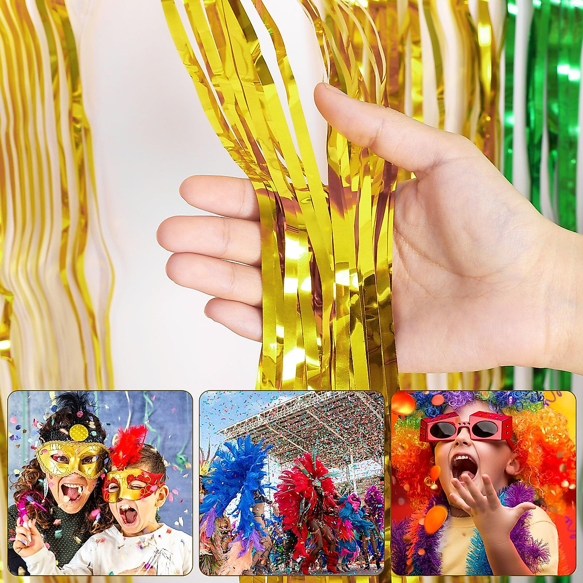 URATOT 2 Pack 29 x 106 Inches Mardi Gras Metallic Fringe Table Skirt Mardi Gras Decorations for Party Gold Green Purple Foil Fringe Table Skirt