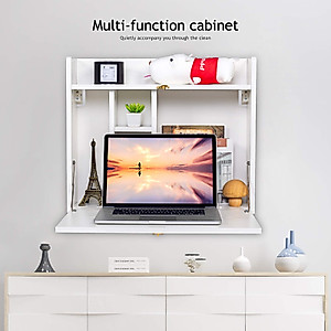 KZHOME Multifunctional Folding Wall-Mounted Laptop Desk Writing Table with Storage Shelves, for Home Office, White