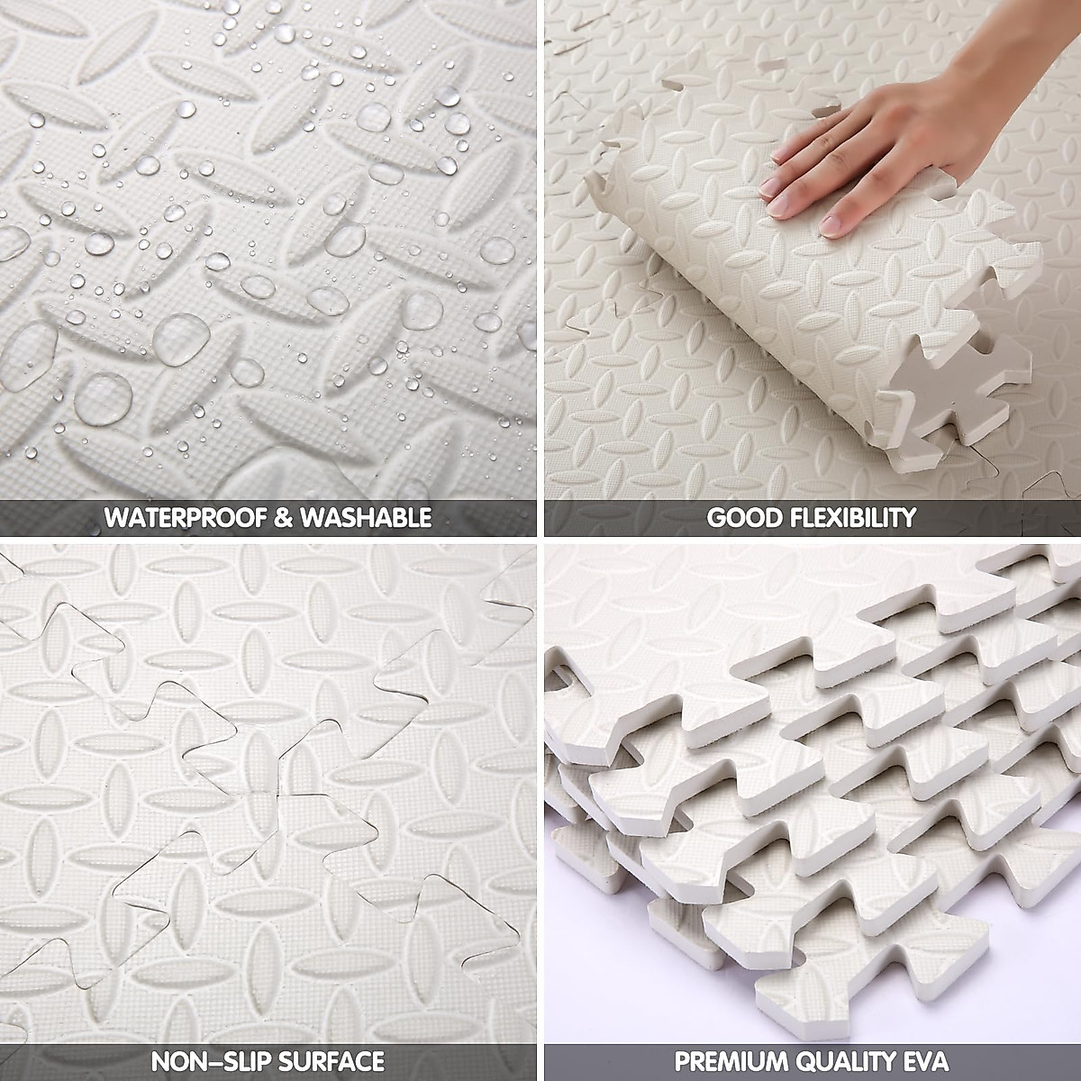 Coolcandy EVA Foam Play Mat, 16 Tiles Colorful Baby Play Mat, Square Kids Playmat with Solid Colored, 0.4" Thickened Interlocking Foam Floor Tiles, Puzzle Play Mat for Baby Crawling, Playing (White)