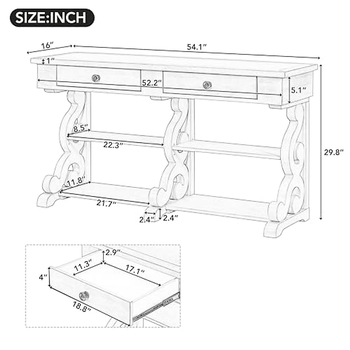 Knocbel Retro Entryway Console Table with 2 Storage Drawers and Adjustable Shelves, Entrance Hallway Foyer Behind Couch Sofa Table Living Room Decor Furniture, Easy Assembly (Antique Gray)