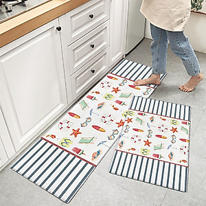 IDOWMAT Kitchen Rug Sets of 2 - Absorbent Non-Slip Kitchen Mats Navy Blue Stripes Beach Swim Ring Ice Cream Sunglasses Floor Comfort Mats Doormat for Kitchen Office Laundry 15.7x23.6in + 15.7x47.2in