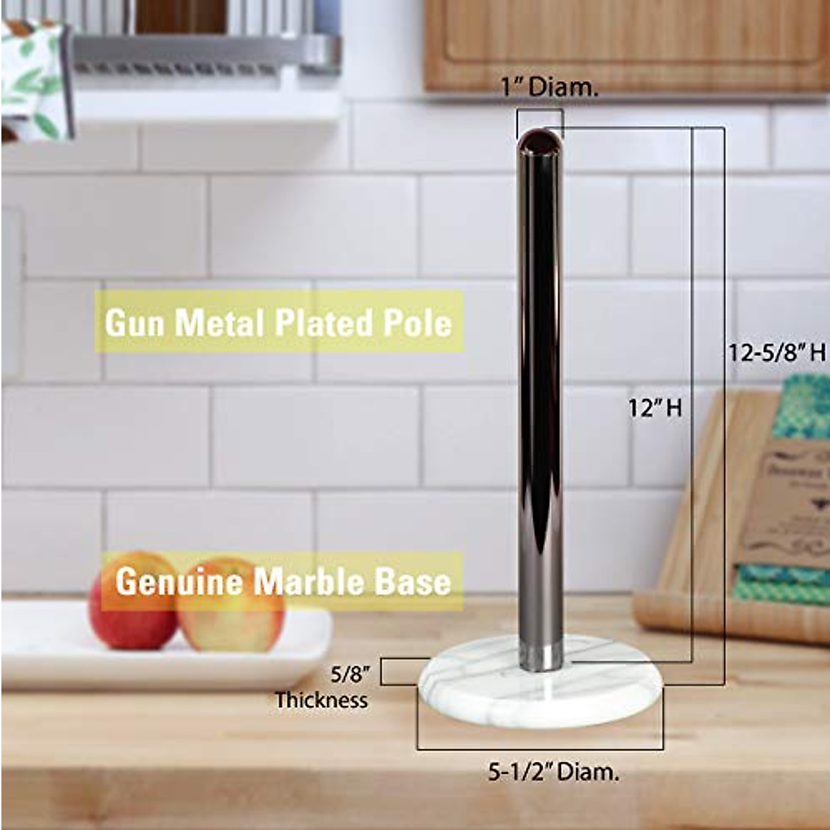 Creative Home Natural Marble Base Paper Holder Kitchen Towel Dispenser with Gunmetal Finish Metal Pole, 5-1/2" Diam. x 12-5/8" H, Off-White (patterns may very)