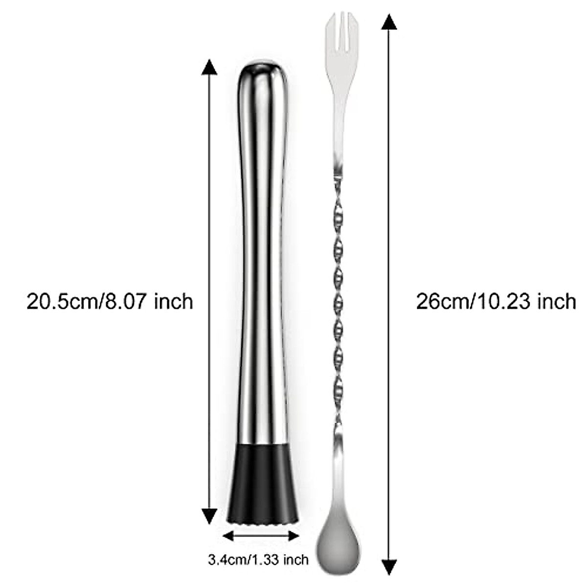 YEAJOIN 4PCS Stainless Steel Cocktail Muddler and Long Mixing Bar Spoon Set Home Kitchen Rest Bar Tools Stirrers for Drink Mint Fruit Crusher, 8 Inch