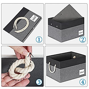 RVSNQ Large Fabric Storage Bins, Closet Storage Bins with Cotton Rope Handle and Label, Foldable Storage Boxes for Organizing, Storage Baskets for Shelves Bedroom Closet Office(3-Pack, Grey&Black)