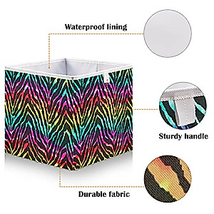 Rainbow Zebra Print Storage Basket Storage Bin Rectangular Collapsible Nursery Baskets Foldable Fabric Cube Organizer for Makeup Closet Bathroom Bedroom