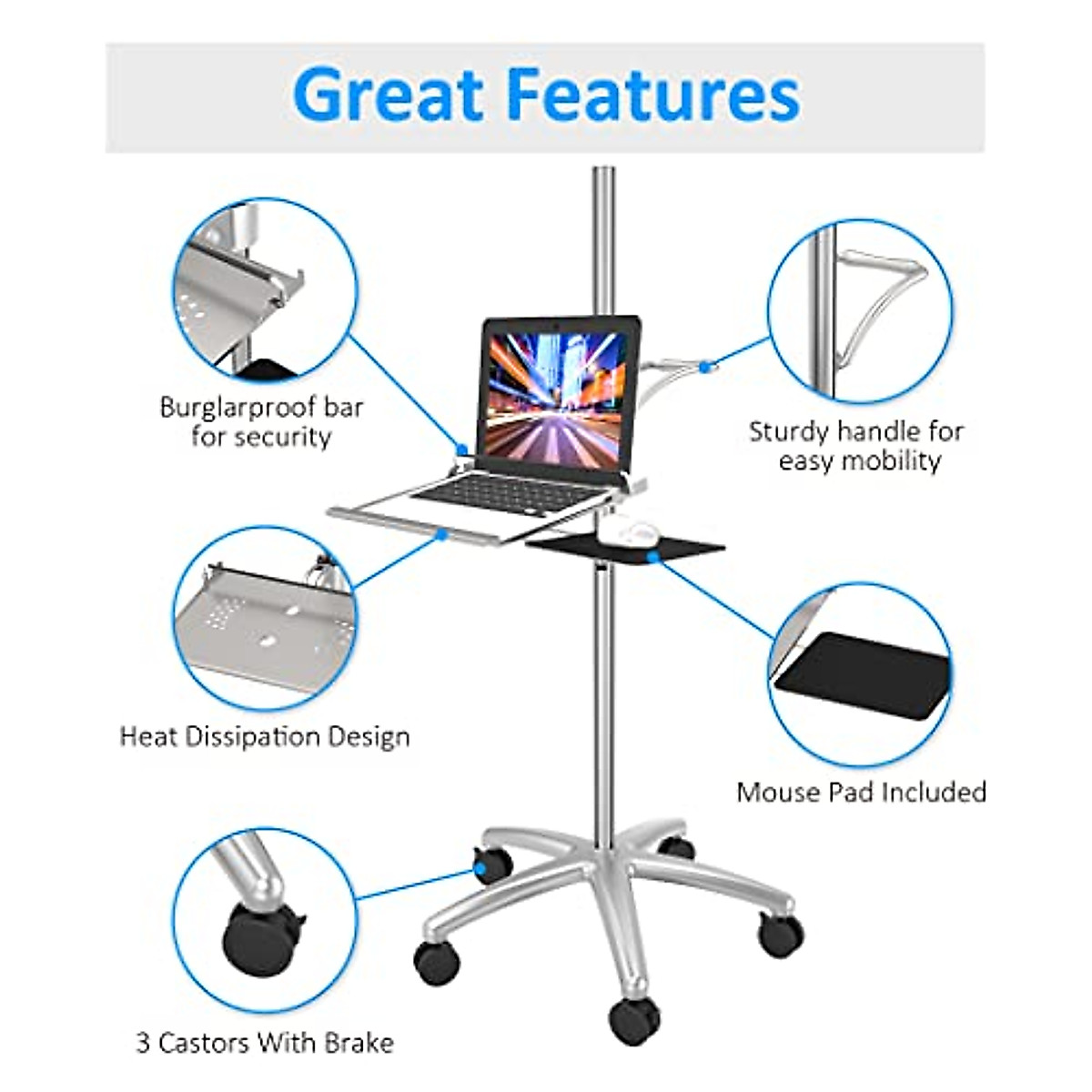 Aluminum Mobile Laptop Cart on Wheels, Height Adjustable Rolling Laptop Stand with Mouse Tray, Mobile Computer Workstation for Home, Office, School and Hospital