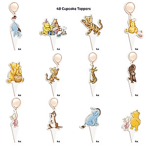WEECUTES® Winnie Baby Shower Decorations Cupcake Toppers Classic Pooh Cake Decor Party Favors Boys and Girls First Birthday Supplies 48 Pcs