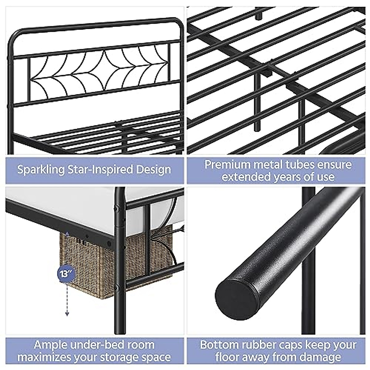 Topeakmart Queen Bed Frames Metal Platform Bed with Sparkling Star-Inspired Design Headboard and Footboard/13 Inch Underbed Storage/No Box Spring Needed/Sturdy Slat Support, Black Queen Bed