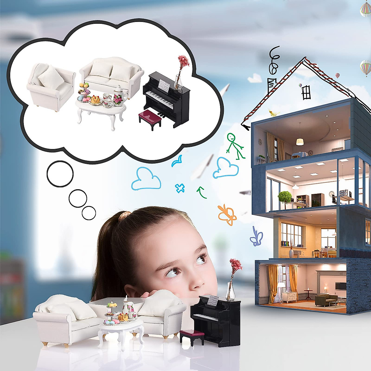 61 Pcs 1:12 Scale Dollhouse Sofa Accessories Set Dollhouse Food Miniature Dollhouse for Living Room Furniture Include Porcelain Tea Kits Mini Kitchen Food Tiny Piano for Doll Toy House (White)