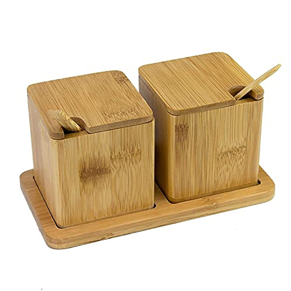 Bamboo Salt and Spice Container Set with Lid, Tray and Spoon, Square Seasoning Storage Box with Dipper, Salt Holder Pepper Container Condiment Canister for Kitchen | Salt Pepper Container