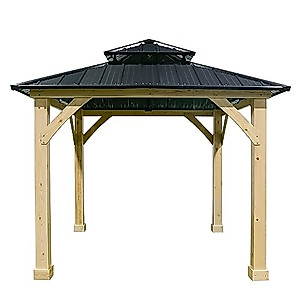 BBQ Gazebo Canopy Patiojoy 10'x10' Outdoor Patio Hardtop Gazebo Double Steel Roof Solid Wood Frame Grill Gazebo Shelter for Patio, Garden