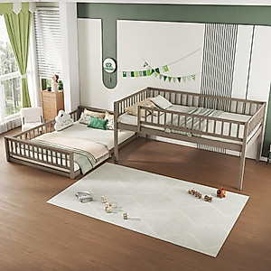 Full XL Over Queen Bunk Bed for Kids/Adults,Queen Size Floor Bunk Beds with Inclined Ladder,Solid Wood Low Bunk Bed,Detachable Bunk Beds for Teens,Girls,Boys(Walnut)