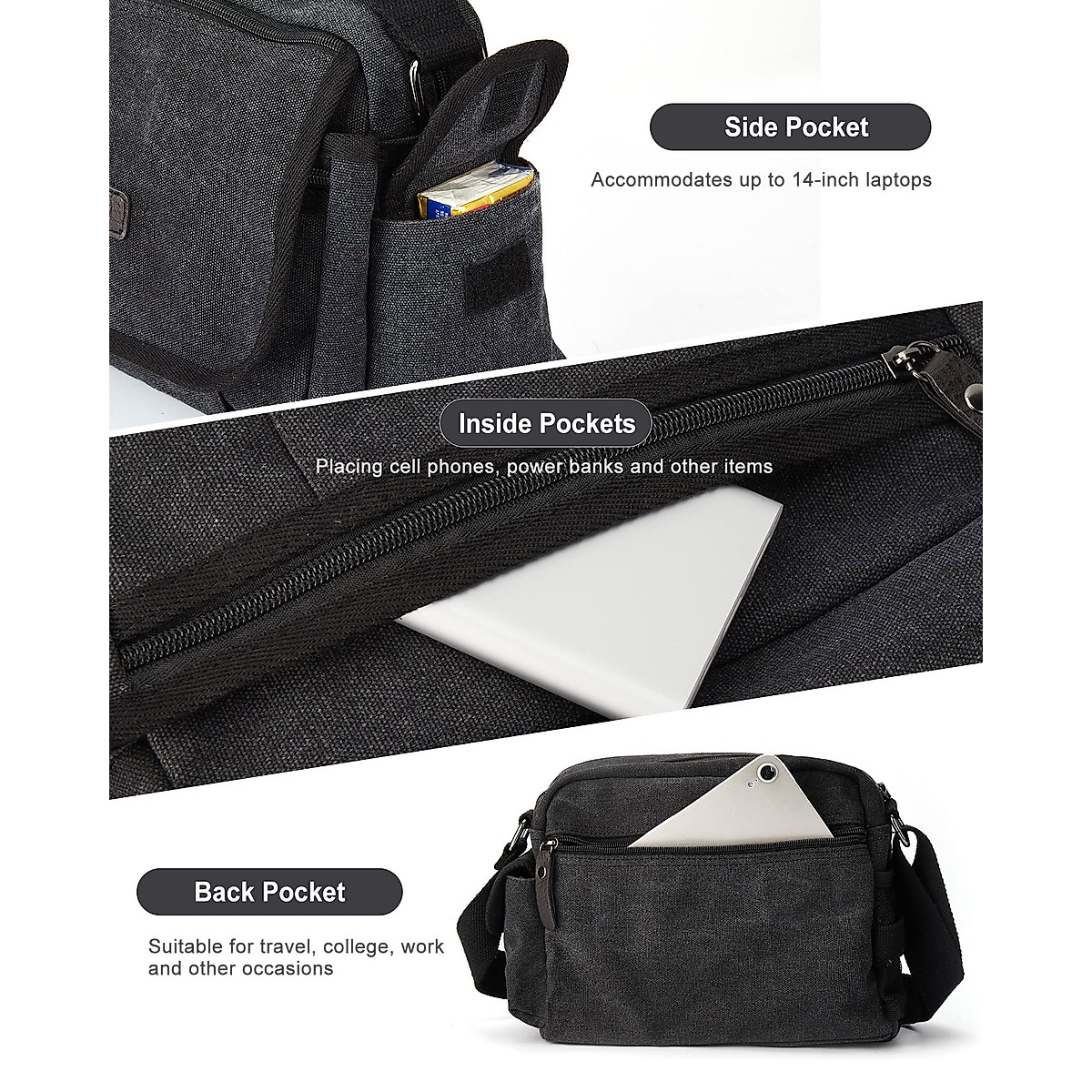 Canvas Satchel Bag men,Classic small Messenger Bag for Men,Crossbody Bag Aesthetic small,Unisex Classic Canvas Shoulder Bag for women, Bookbag for Work,black.