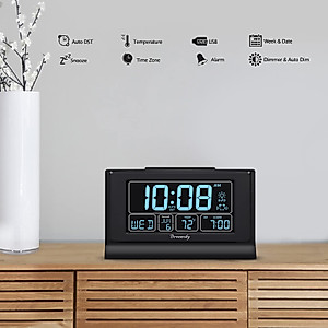 DreamSky Alarm Clocks for Bedrooms with Battery Backup, Auto Set Digital Clock with Date and Day of Week, Temperature, USB Port, Auto DST, Dimmer, 12/24H