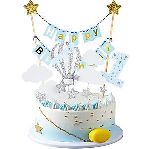 Kawailay 1st Boy Birthday Cake Topper Set Glitter Happy Birthday Cake Banner Flag First Birthday Cake Topper with Hot Air Balloon Clouds Stars for Baby Shower Boy s Birthday Party Supplies - Blue