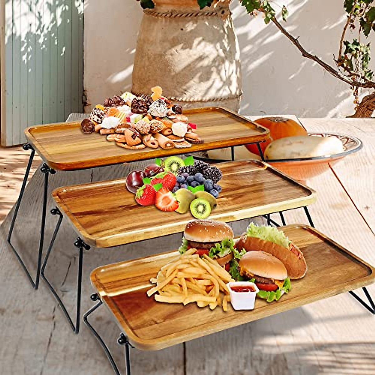 Montex 3 Tier Serving Tray Stand Wooden Serving Platters for Dessert Server Display 17 Inch Metal Stand