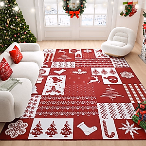 Syalife 9x12 Christmas Rug for Living Room, Bedroom, Dining Room, Large Red/White Area Rug, Indoor Festival Machine Washable Rugs, 9'x12', Patchwork Pattern