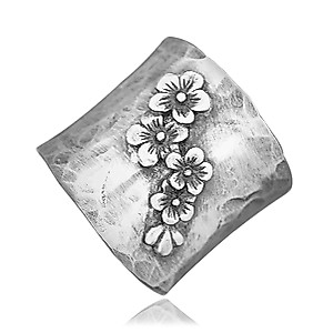 SWBRJ Blooming Daisy Flower Wide Chunky Band Ring for Women,Dainty Retro Vintage S925 Sterling Silver Thumb Index Full Finger Floral Statement Textured Band Ring Boho (Ring_Flower, 8)