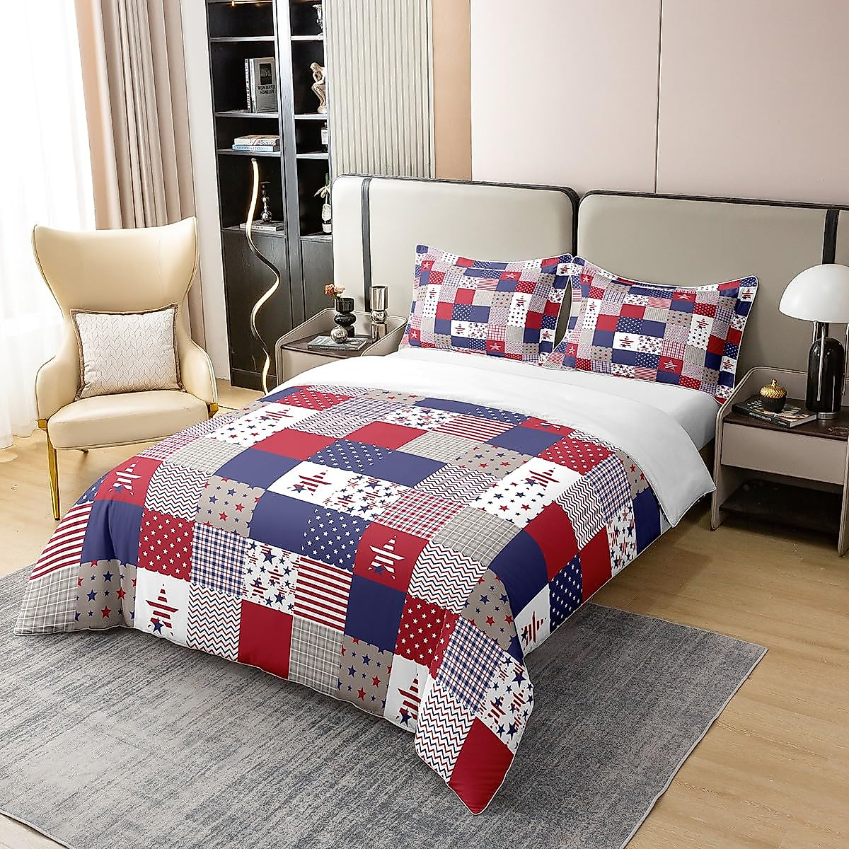 Feelyou Patriotic 4th of July Bedding Set King Size Americana Stars Plaid Duvet Cover 100% Cotton for Adults Women Men Independence Day Comforter Cover Set Red Blue Bedspread Cover 3Pcs,No Comforter