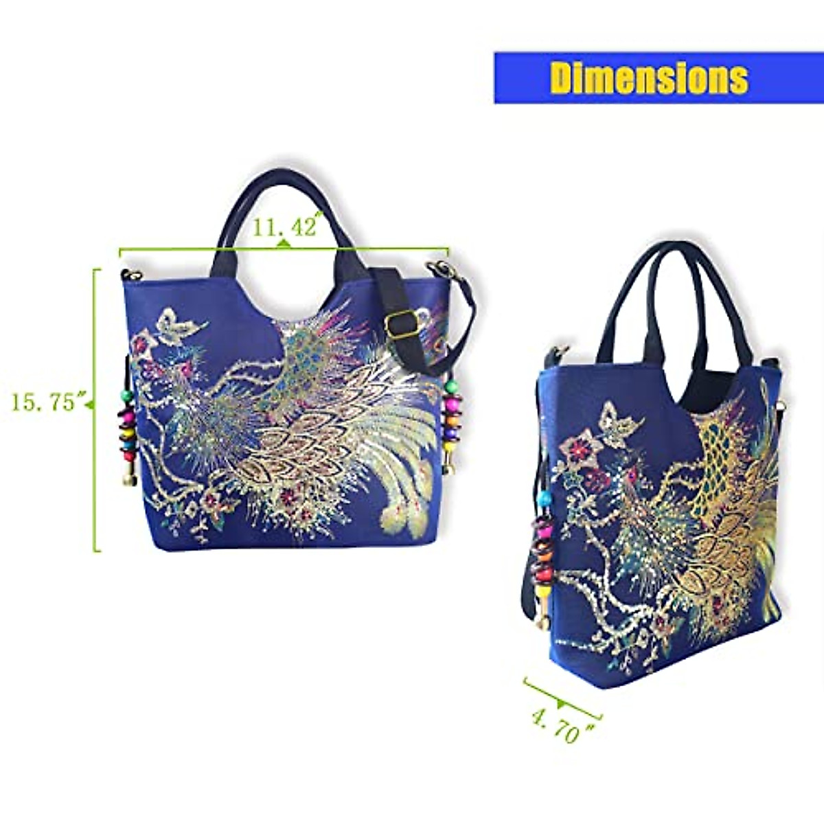 Vintage Shoulder HandBags for Women,Tote Handbags,Ladies Travel Hobo Handbag With Sparkly Sequins Phoenix Embroidered (Blue)